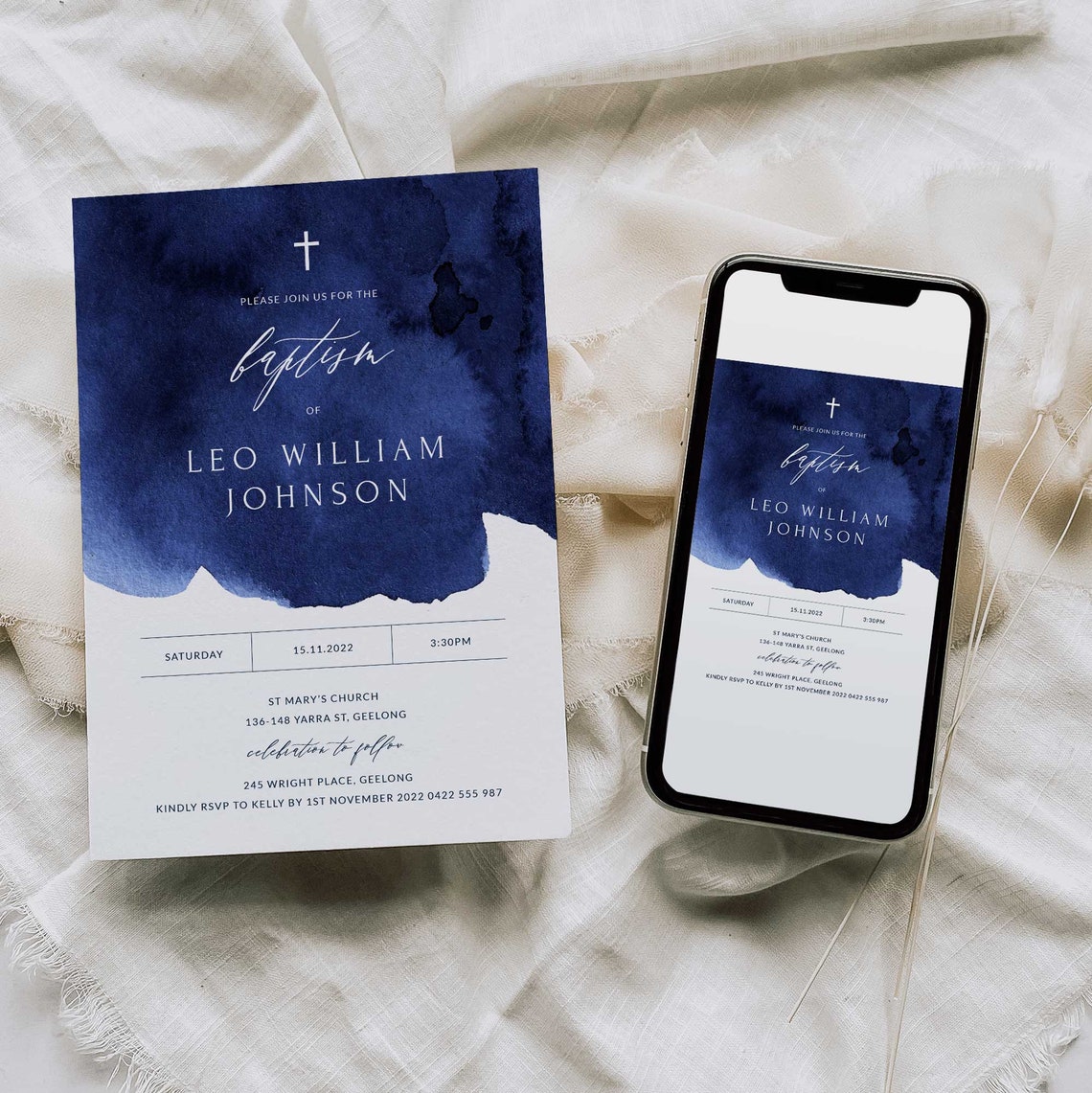 Navy Watercolor Baptism Invitation Template, Boy Christening Invite ...