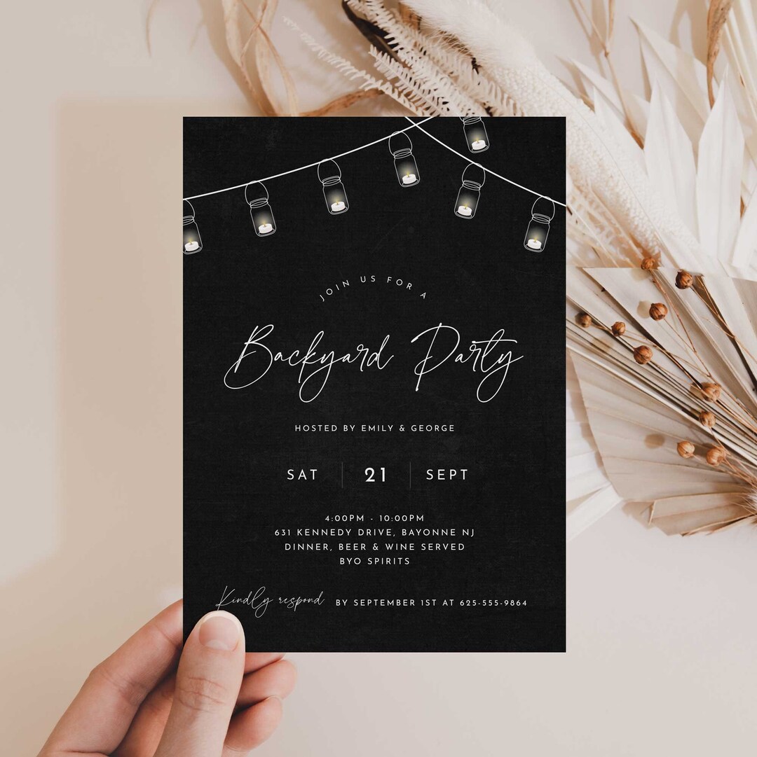 Backyard Party Invitation Template, Minimal Backyard Party Lights ...