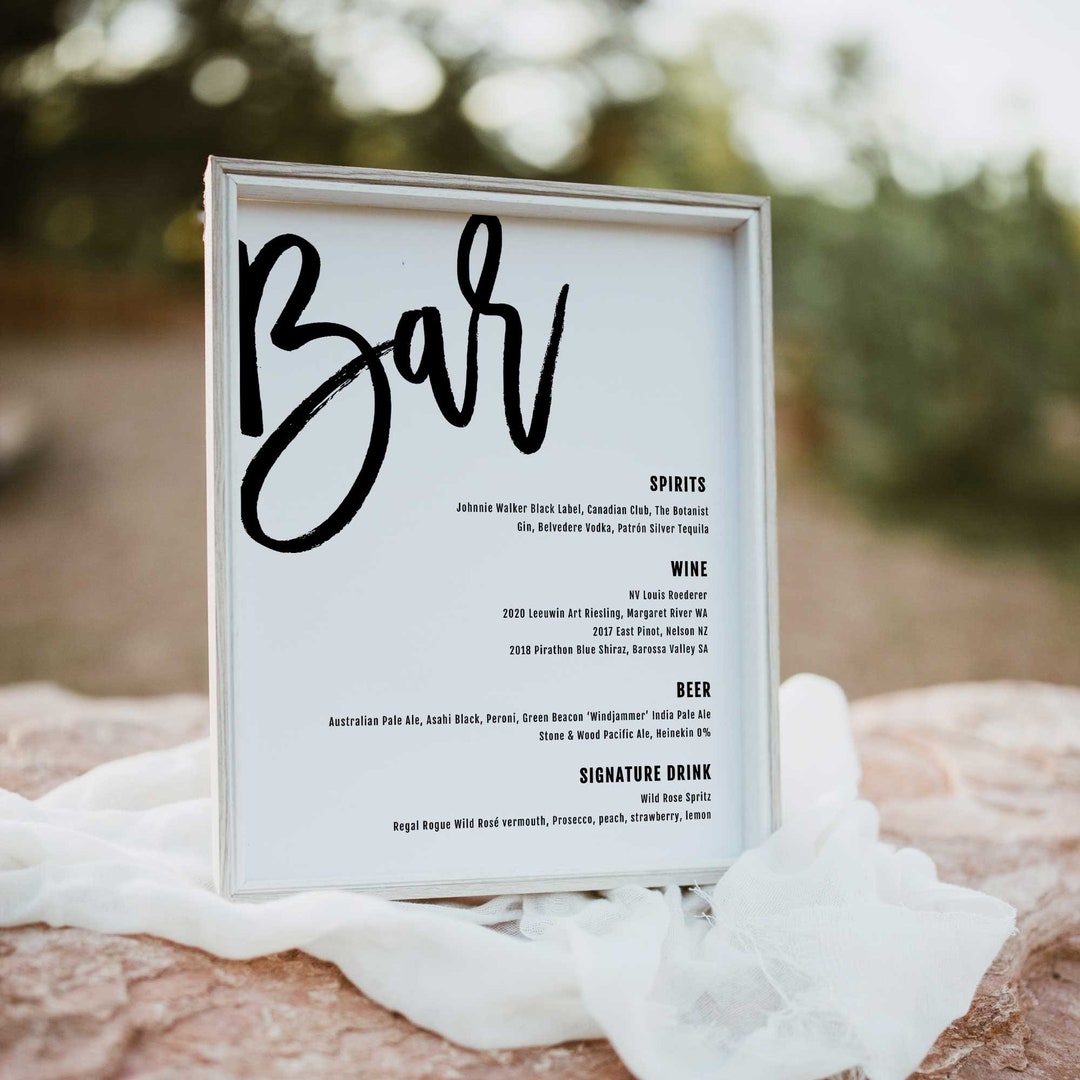 Minimal Black and White Bar Sign, Simple Bar Menu 8x10, Wedding Drink ...