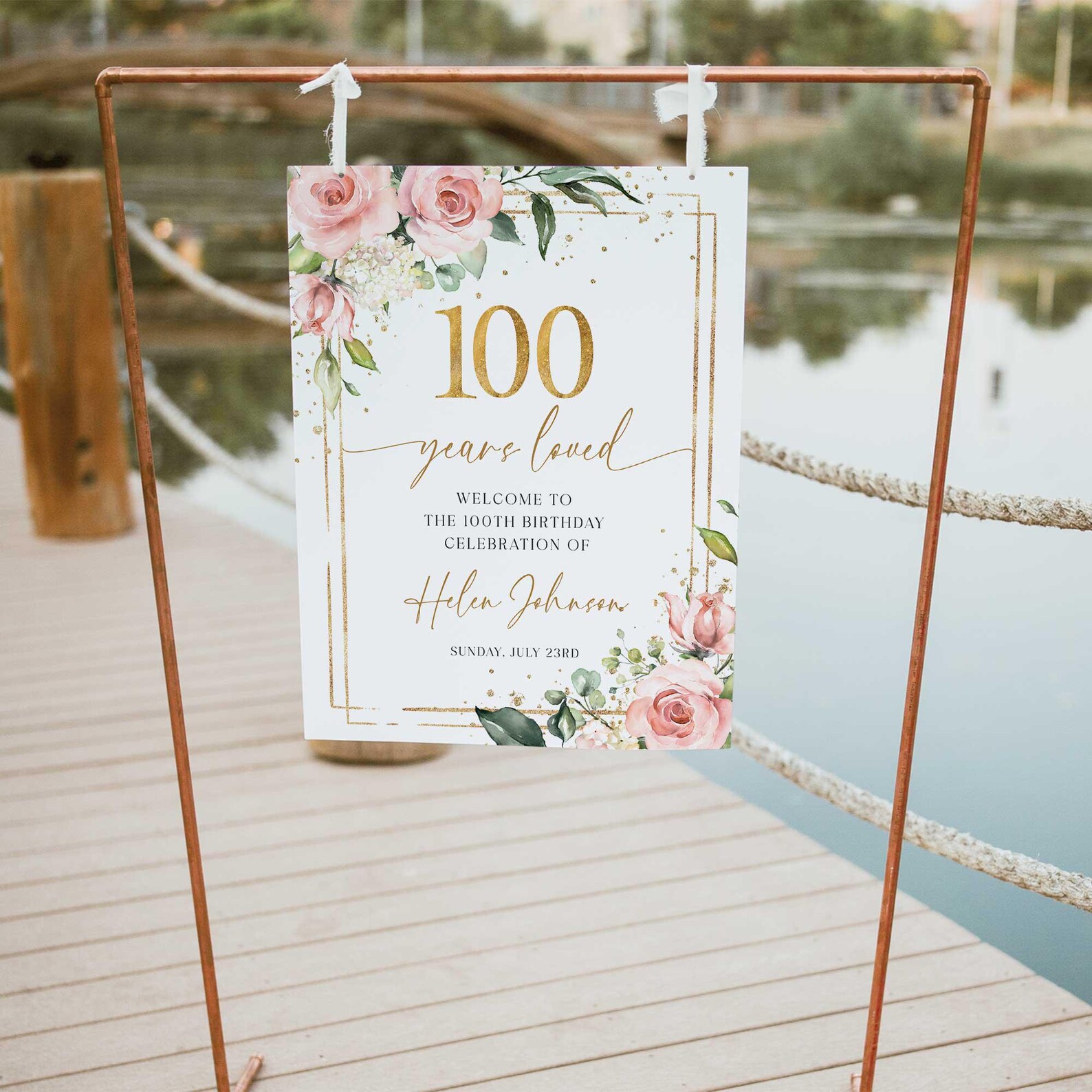 100 Years Loved Sign, 100th Birthday Welcome Sign, Floral 100th Welcome ...
