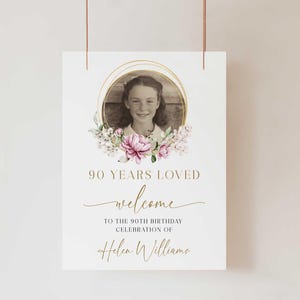 90th Birthday Welcome Sign, 90 Years Loved Sign, Floral and Gold 90th ...