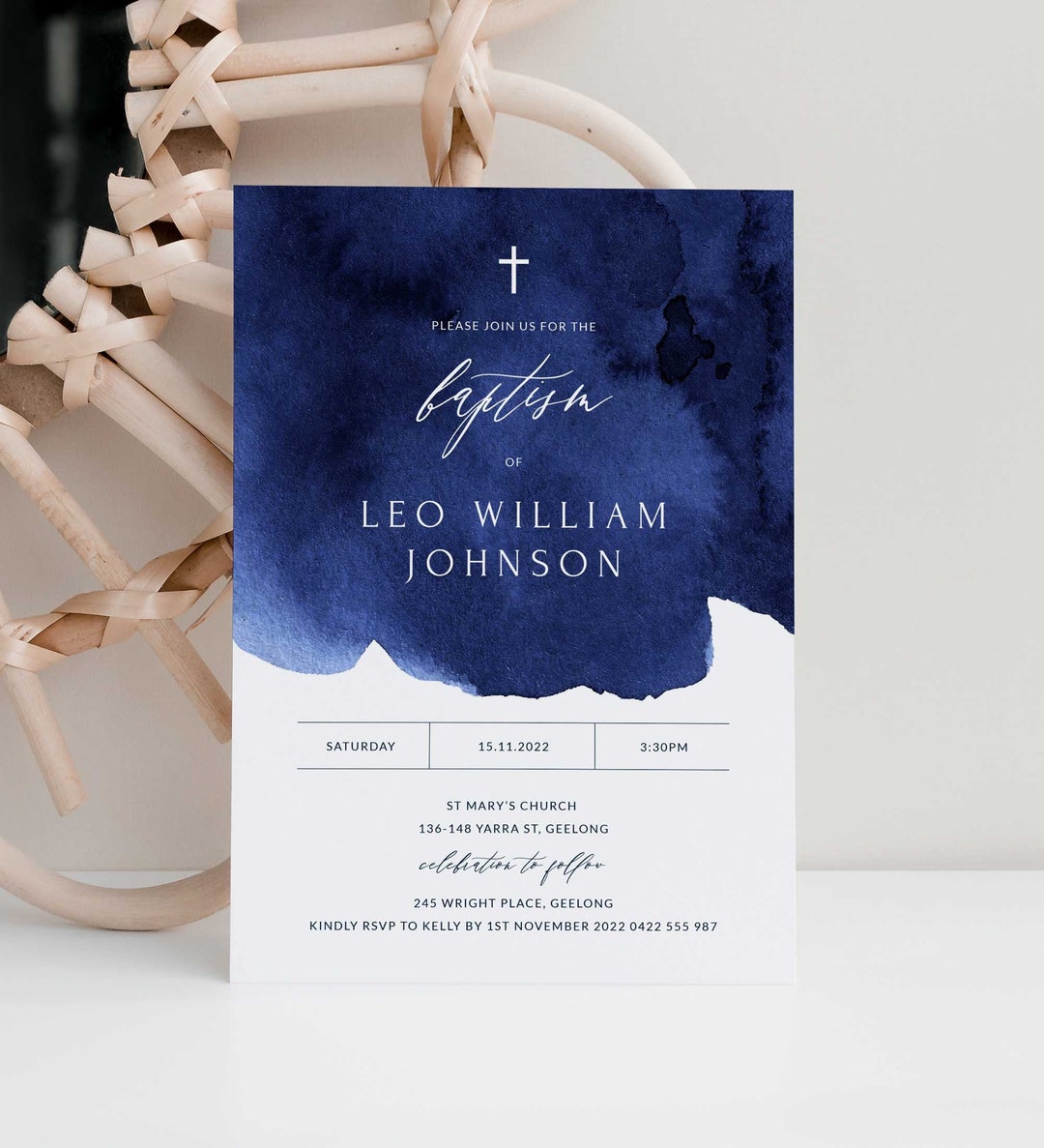 Navy Watercolor Baptism Invitation Template, Boy Christening Invite ...