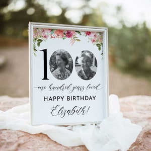 100 Years Loved Sign, 100th Birthday Welcome Sign, Floral 100th Welcome ...