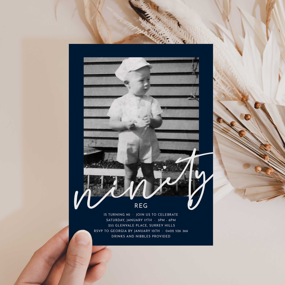 90th Invitation With Photo, 90th Birthday Invitation Men Navy, Ninety ...