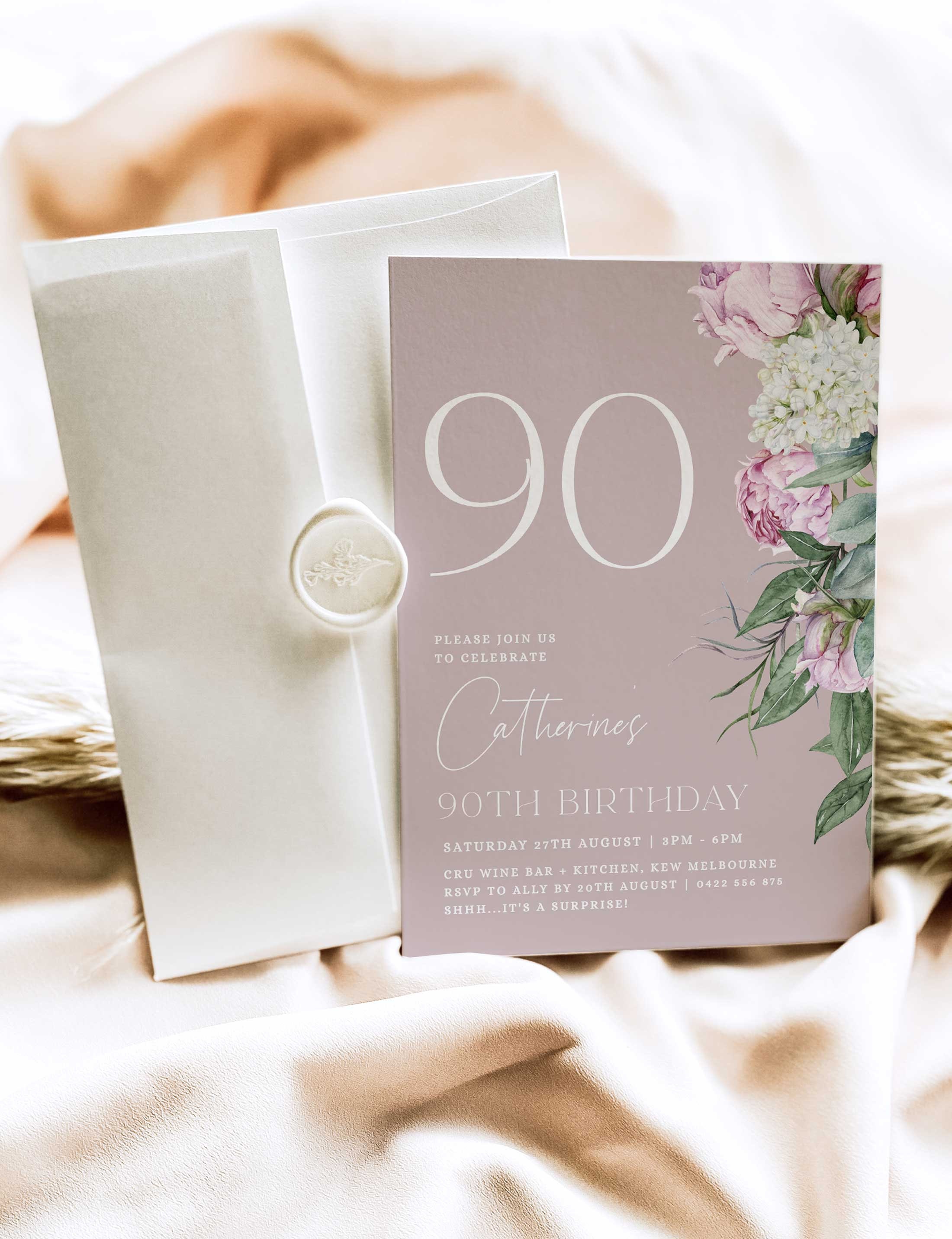 Floral 90th Birthday Invitation: Editable Peony Design (instant ...