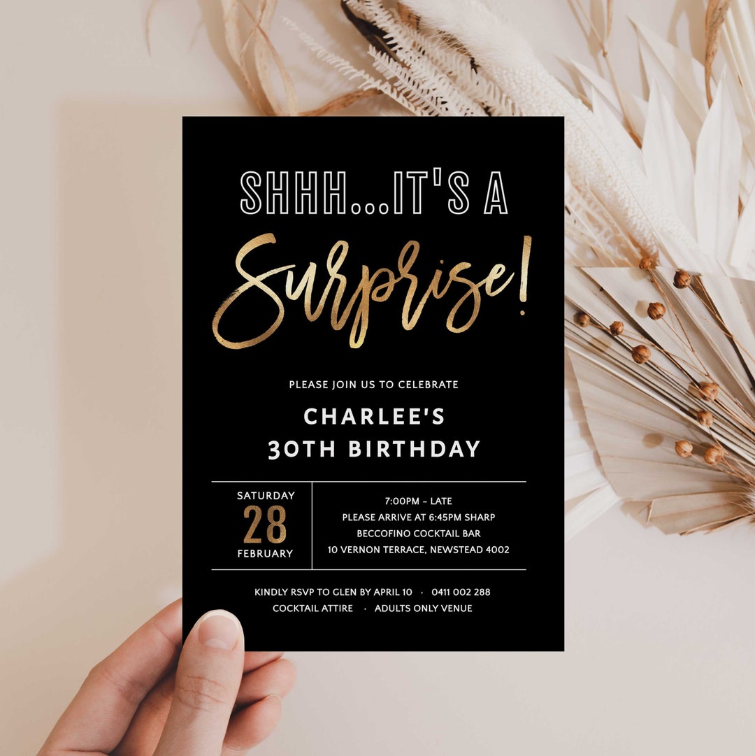 Surprise 30th Birthday Invitation Template Black and Gold, 30th ...