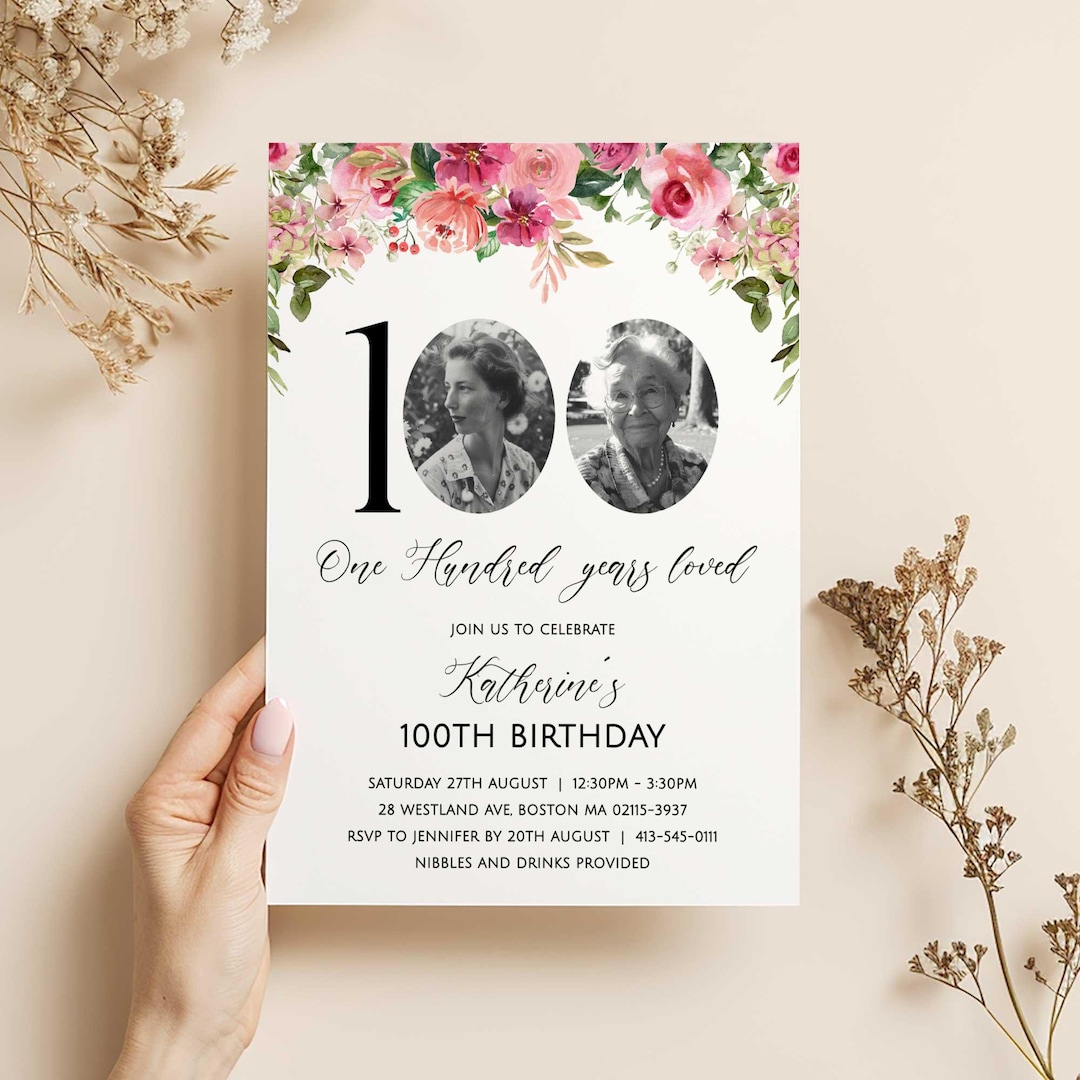 100 Years Loved Birthday Invitation, 100th Birthday Party Invite With ...