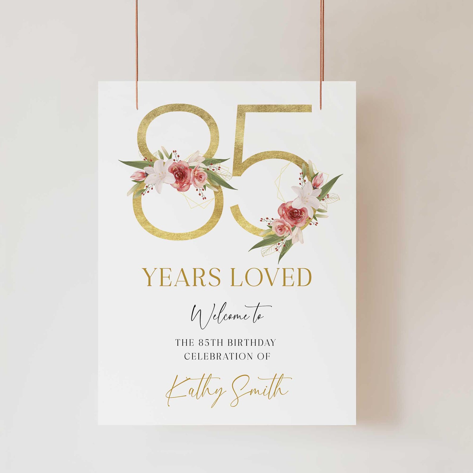 85 Years Loved Sign, 85th Birthday Welcome Sign, Floral 85th Welcome ...