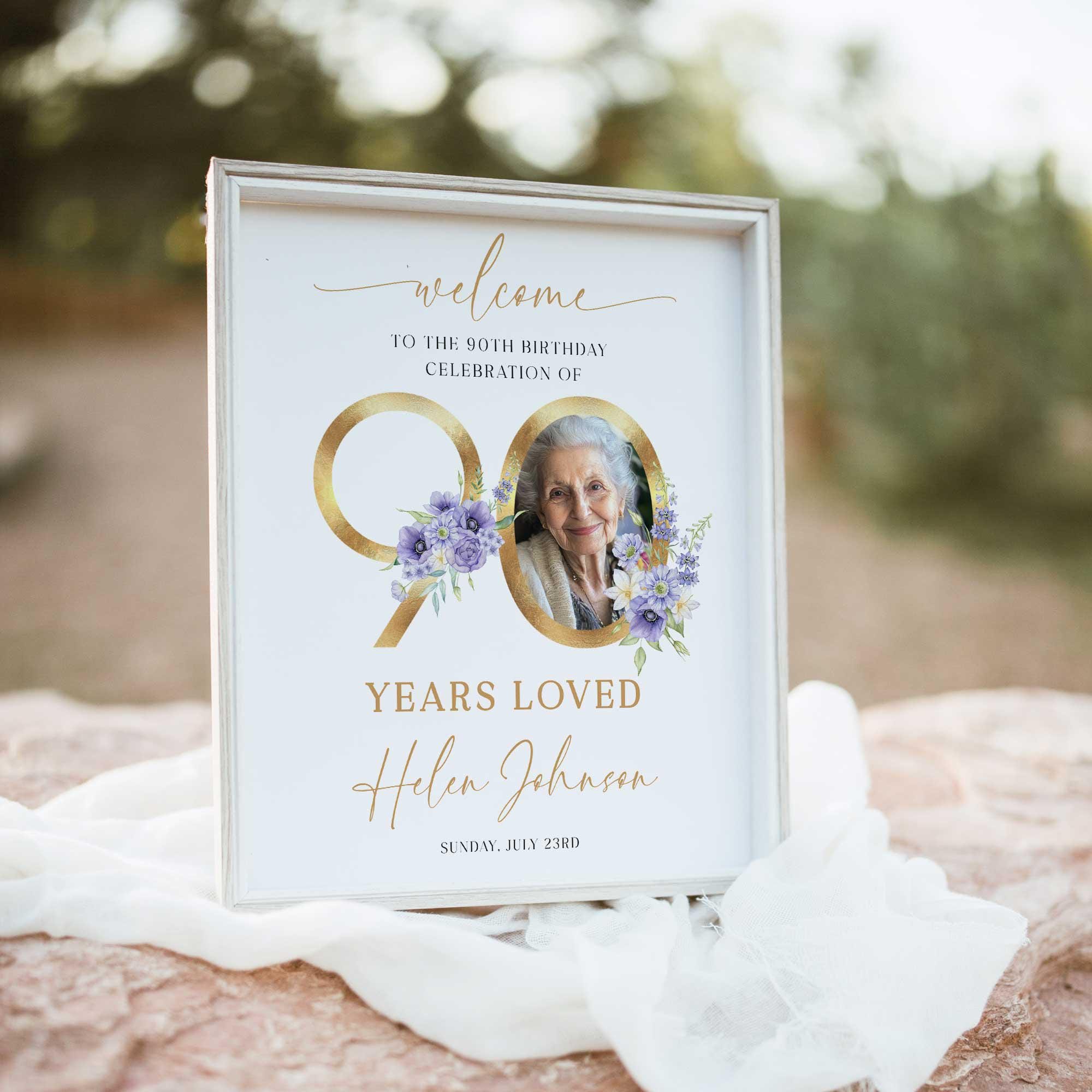 90th Birthday Welcome Sign, 90 Years Loved Sign, Purple Floral and Gold ...