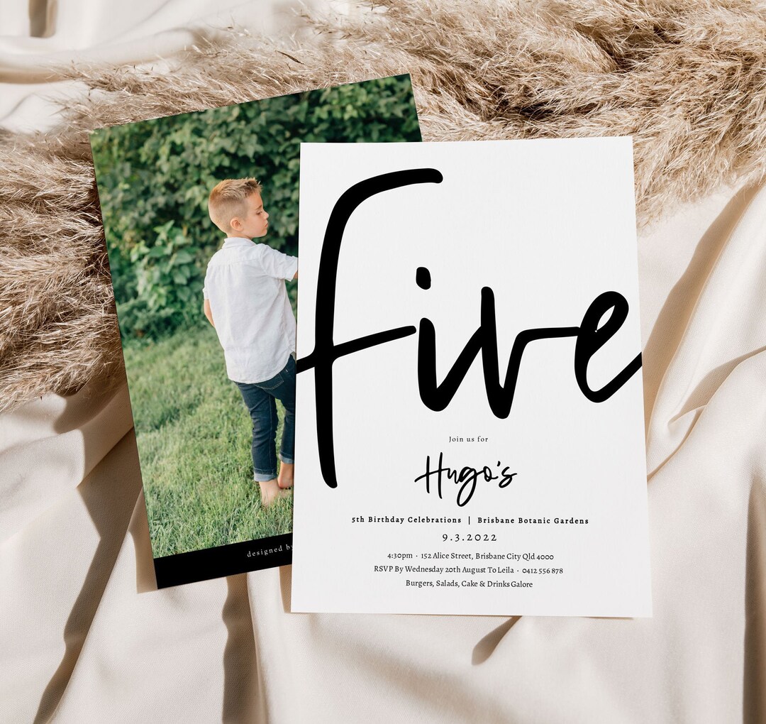 Minimal 5th Birthday Invitation With Photo, 5th Birthday Invitation ...