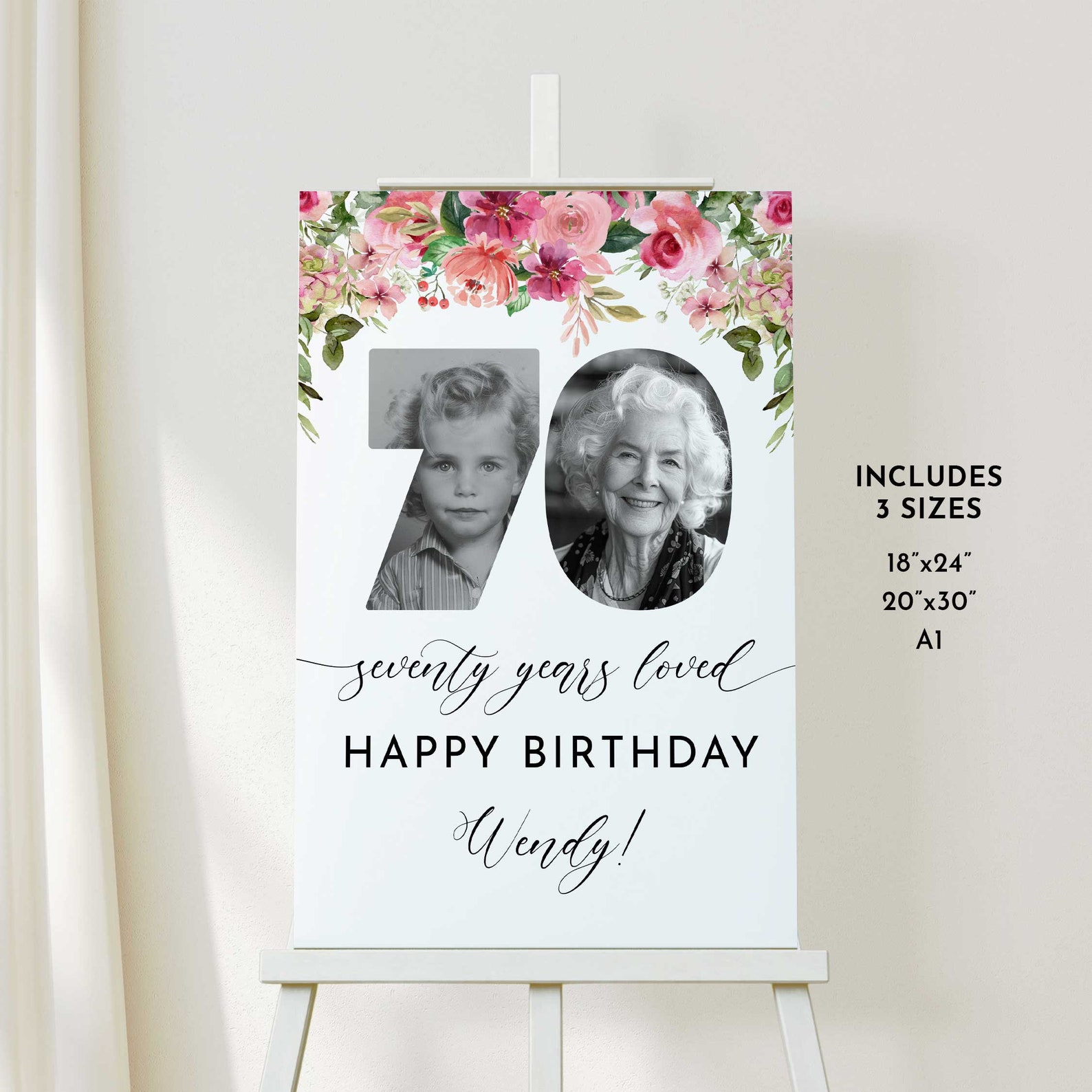 70 Years Loved Sign, 70th Birthday Welcome Sign, Floral 70th Welcome ...