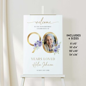 90th Birthday Welcome Sign, 90 Years Loved Sign, Purple Floral and Gold ...