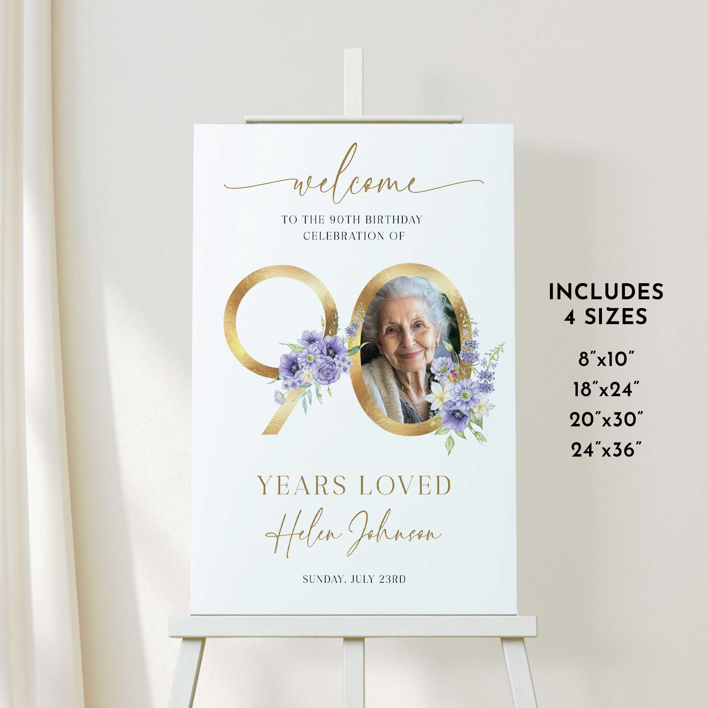 90th Birthday Welcome Sign, 90 Years Loved Sign, Purple Floral and Gold ...