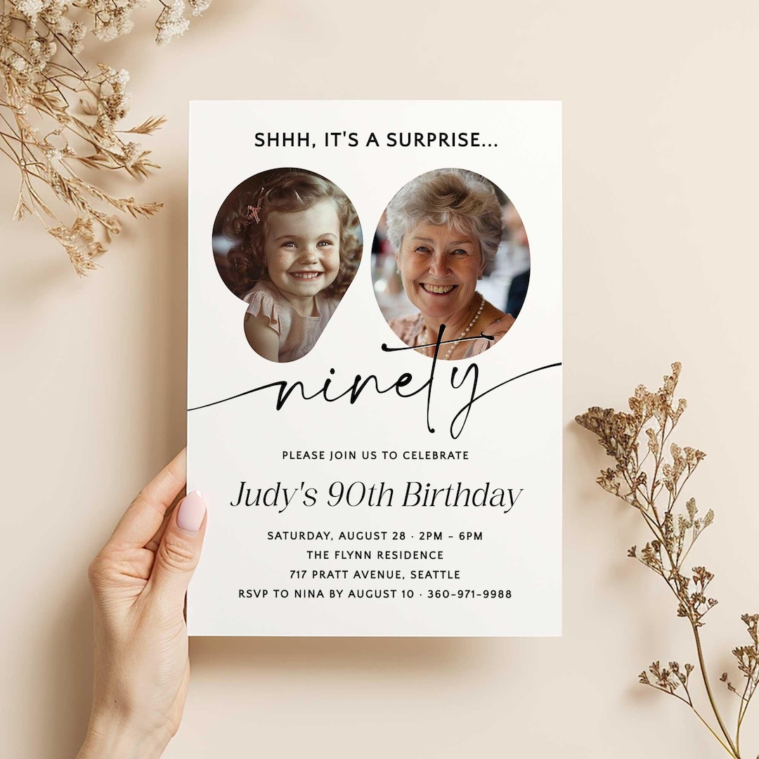 90th Birthday Woman Printable, Surprise 90th Birthday Party Invitations ...