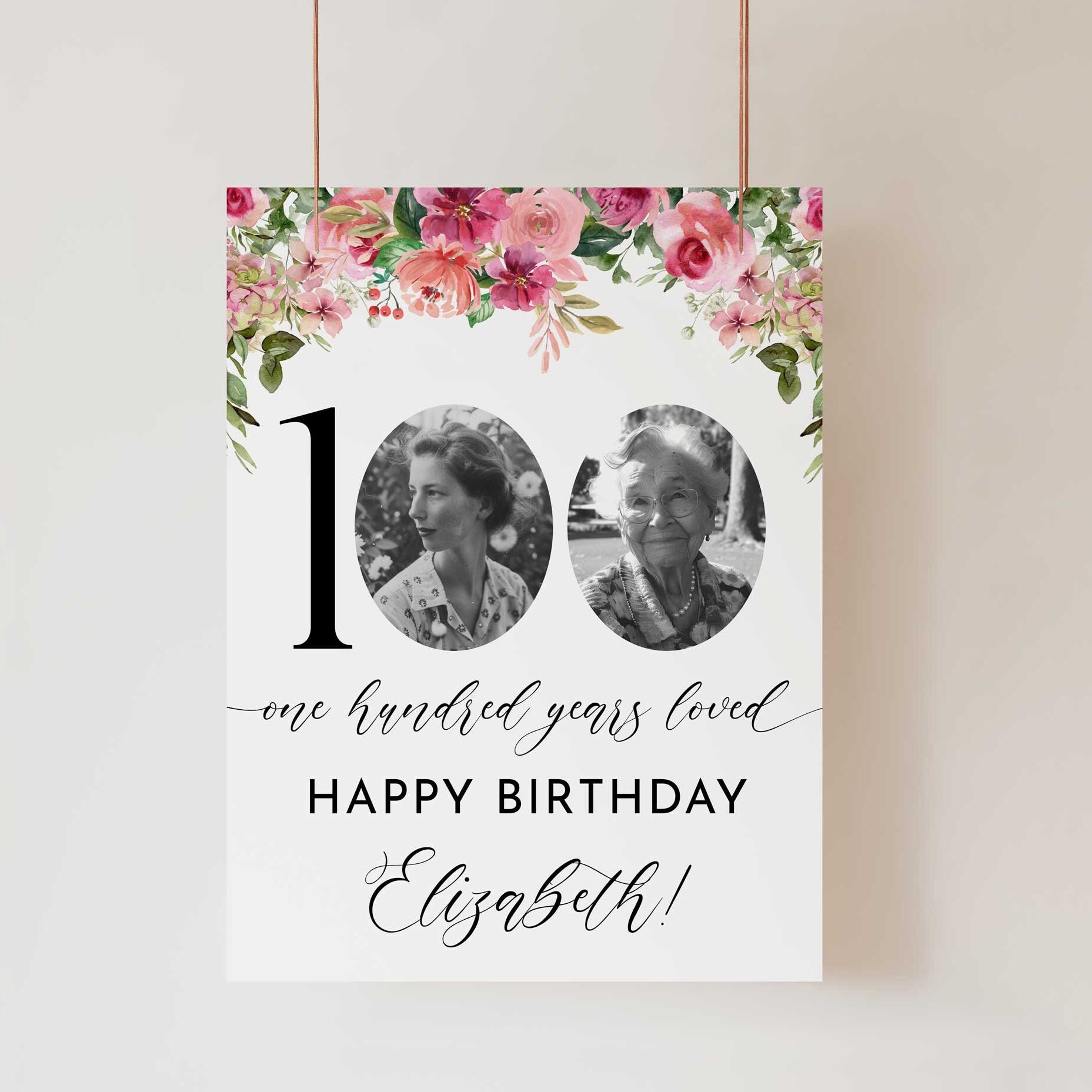 100 Years Loved Sign, 100th Birthday Welcome Sign, Floral 100th Welcome ...