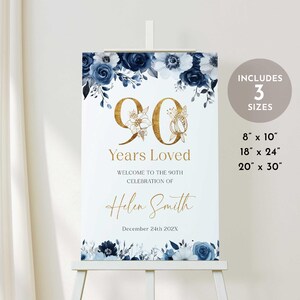 90th Birthday Welcome Sign: Navy & Gold Floral (digital Download) - Etsy