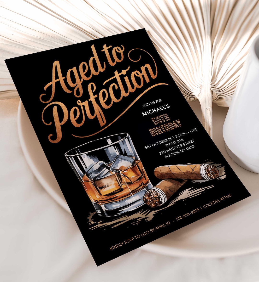50th Birthday Invitation Whiskey, Aged to Perfection Bourbon Birthday ...
