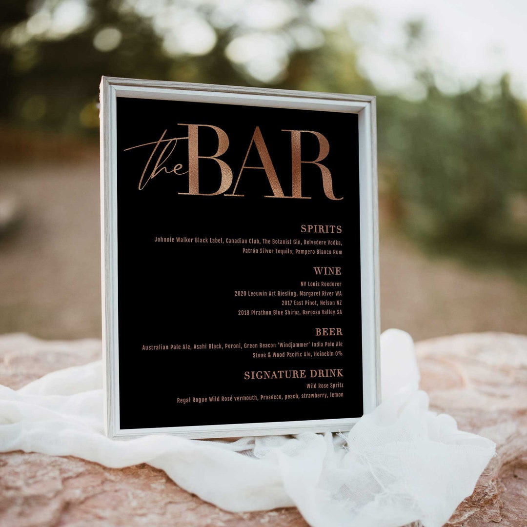 ZARA Black and Rose Gold Bar Sign, Elegant Bar Menu 8x10, Wedding Drink ...