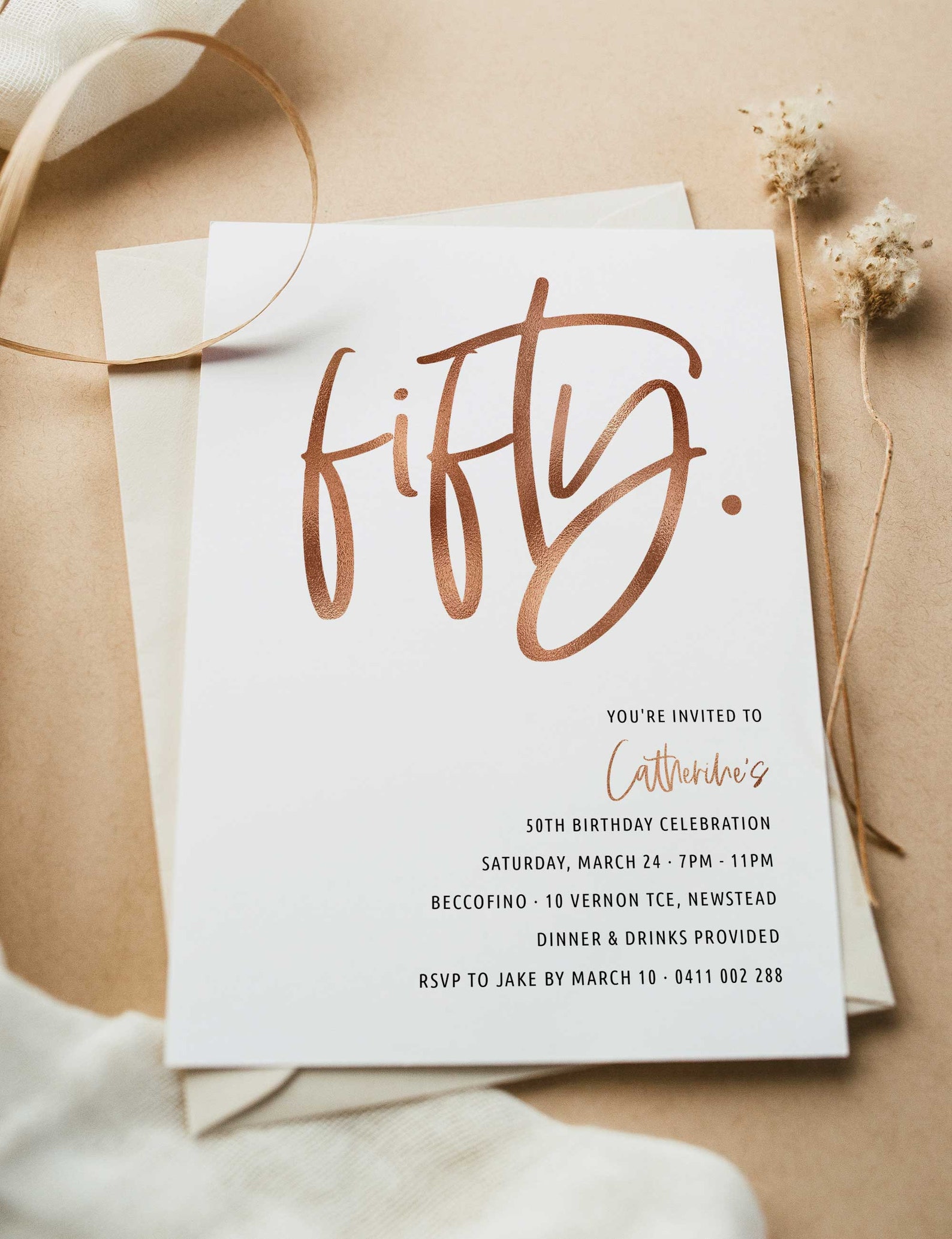 Rose Gold 50th Invitation, Handwritten 50th Invitation Rose Gold, 50th ...