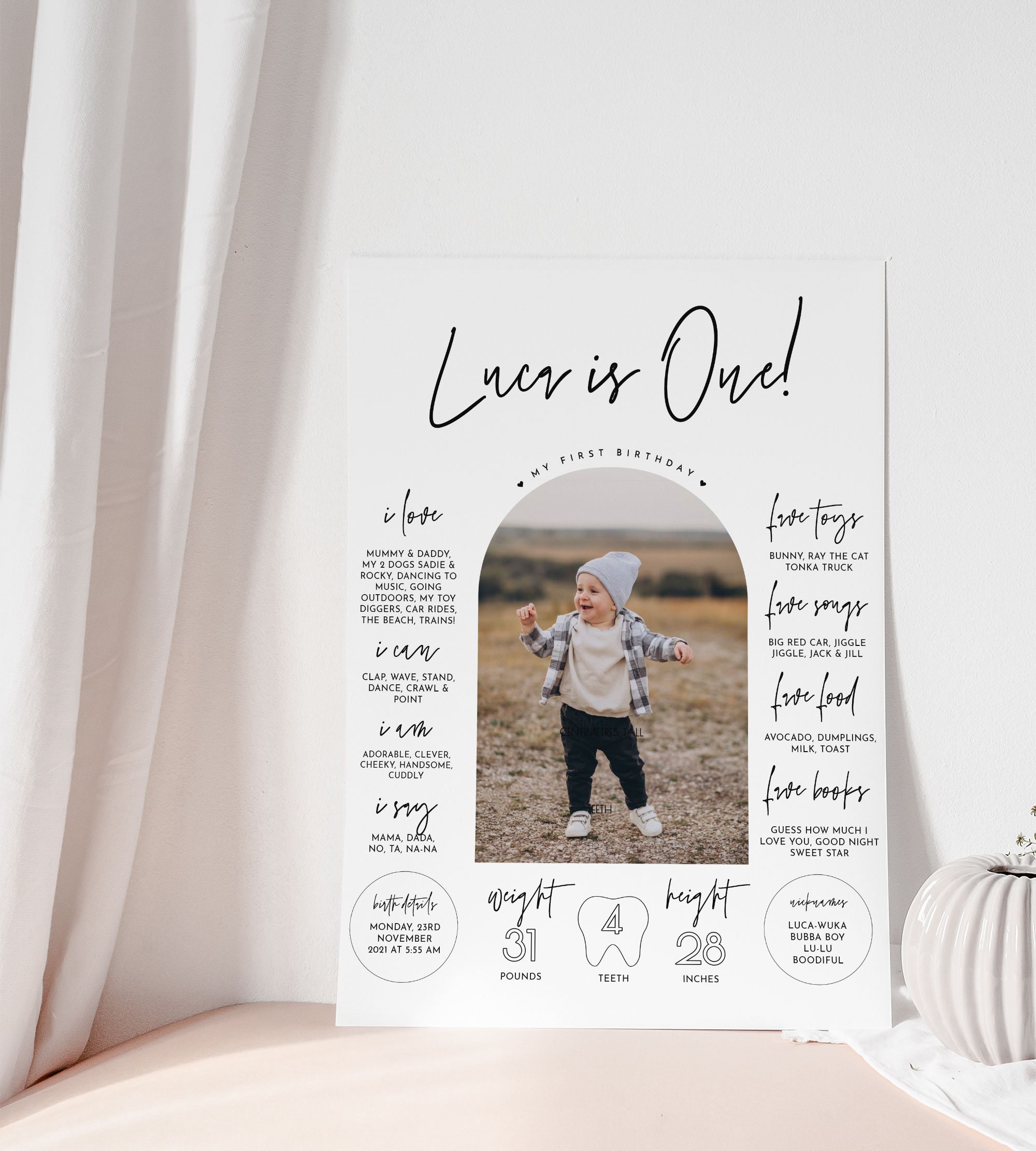 EDITABLE First Birthday Milestone Sign, Modern 1st Birthday Milestone ...