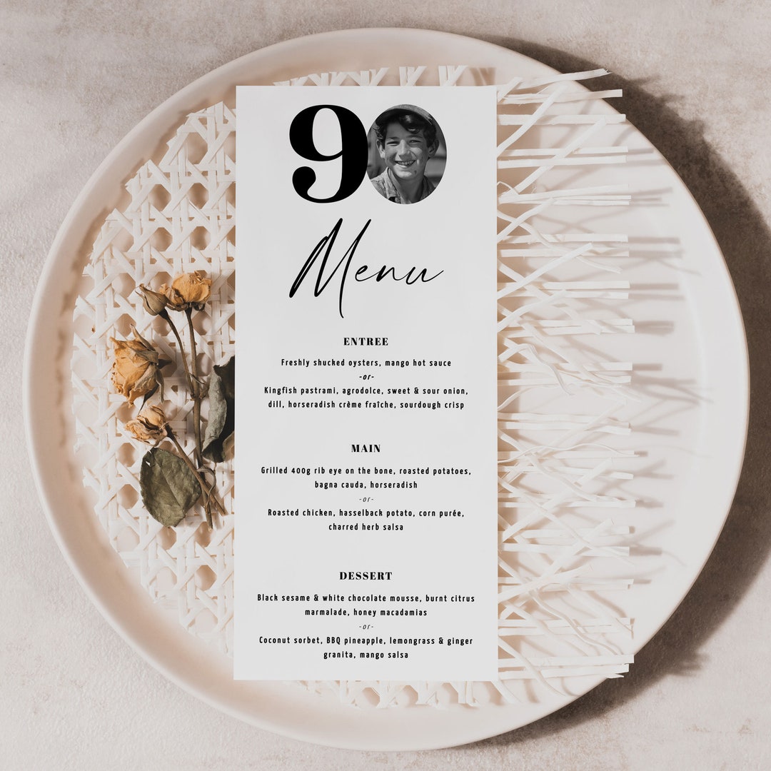 90th Birthday Menu Template, 90th Birthday Dinner Menu, 90th Menu Card ...