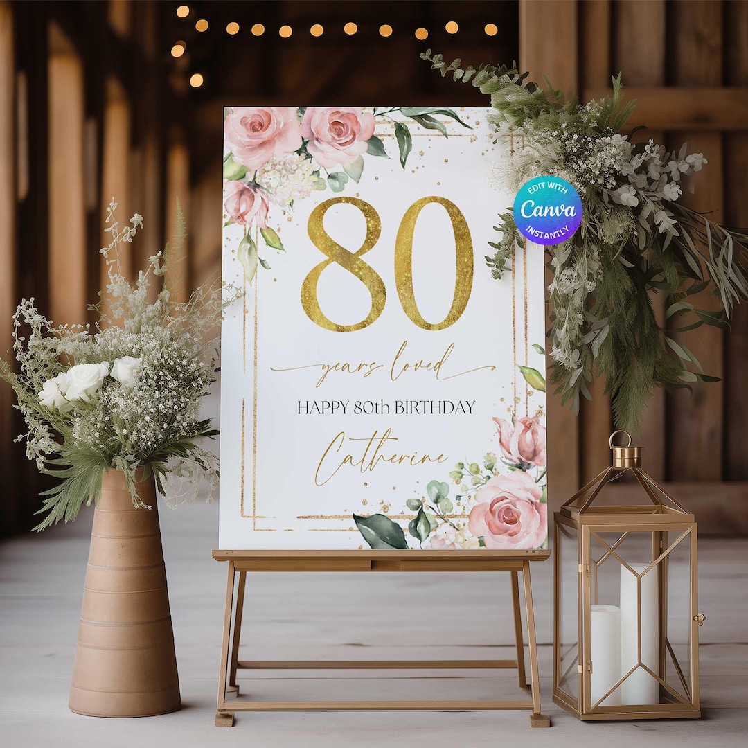 80 Years Loved Sign, 80th Birthday Welcome Sign, Floral 80th Welcome ...
