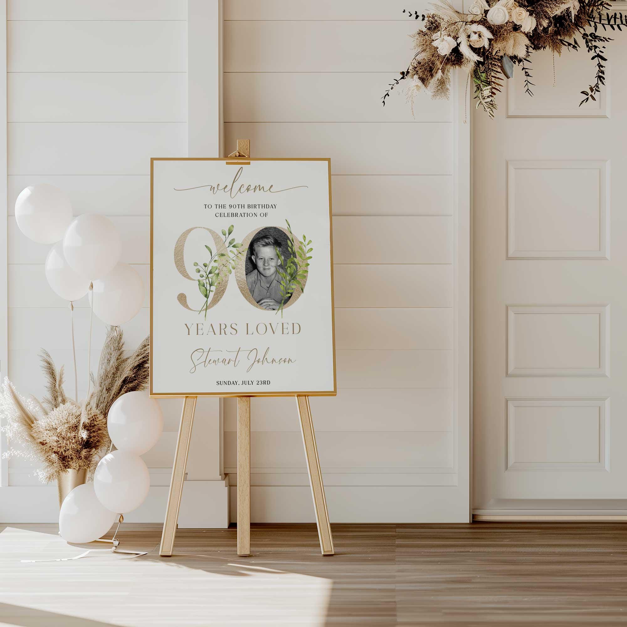 90th Birthday Welcome Sign, 90 Years Loved Sign, Male 90th Welcome Sign ...