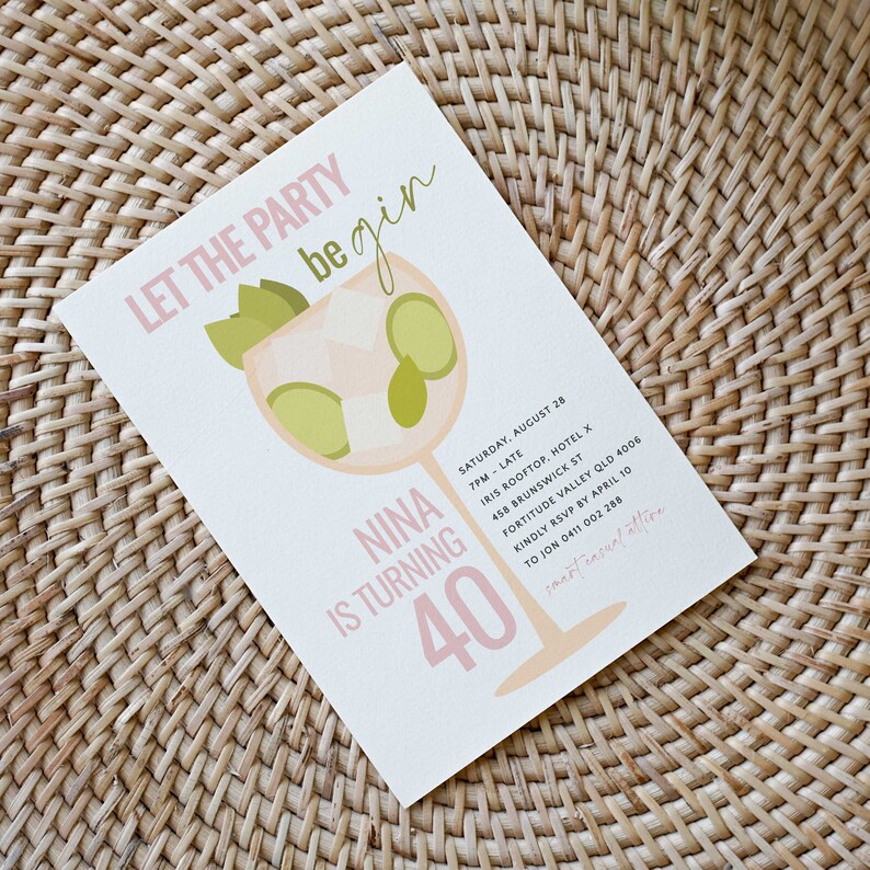 40th Invitation Women, 40th Gin, Birthday 40th Invite, 40th Cocktail ...
