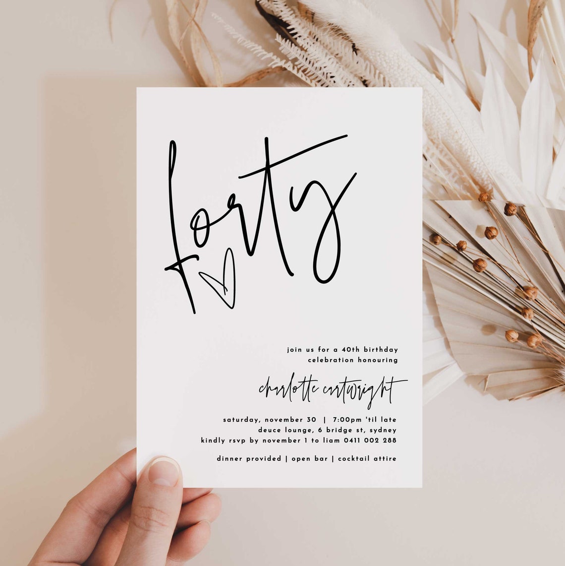 Minimalist 40th Invitation Handwritten, Modern 40th Invitation Women ...