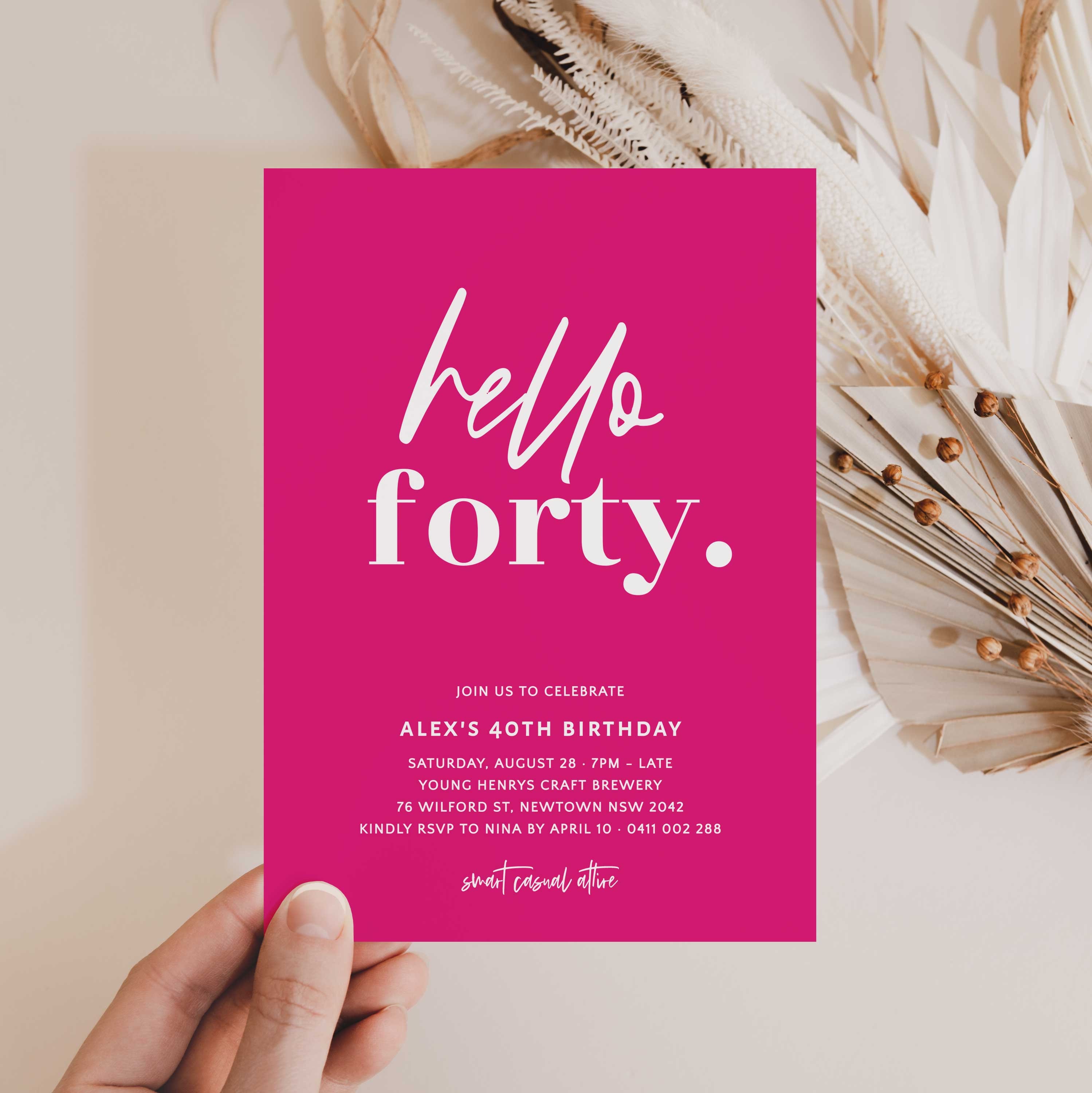 Hot Pink 40th Invitation Hello Forty Minimal 40th Invitation - Etsy ...