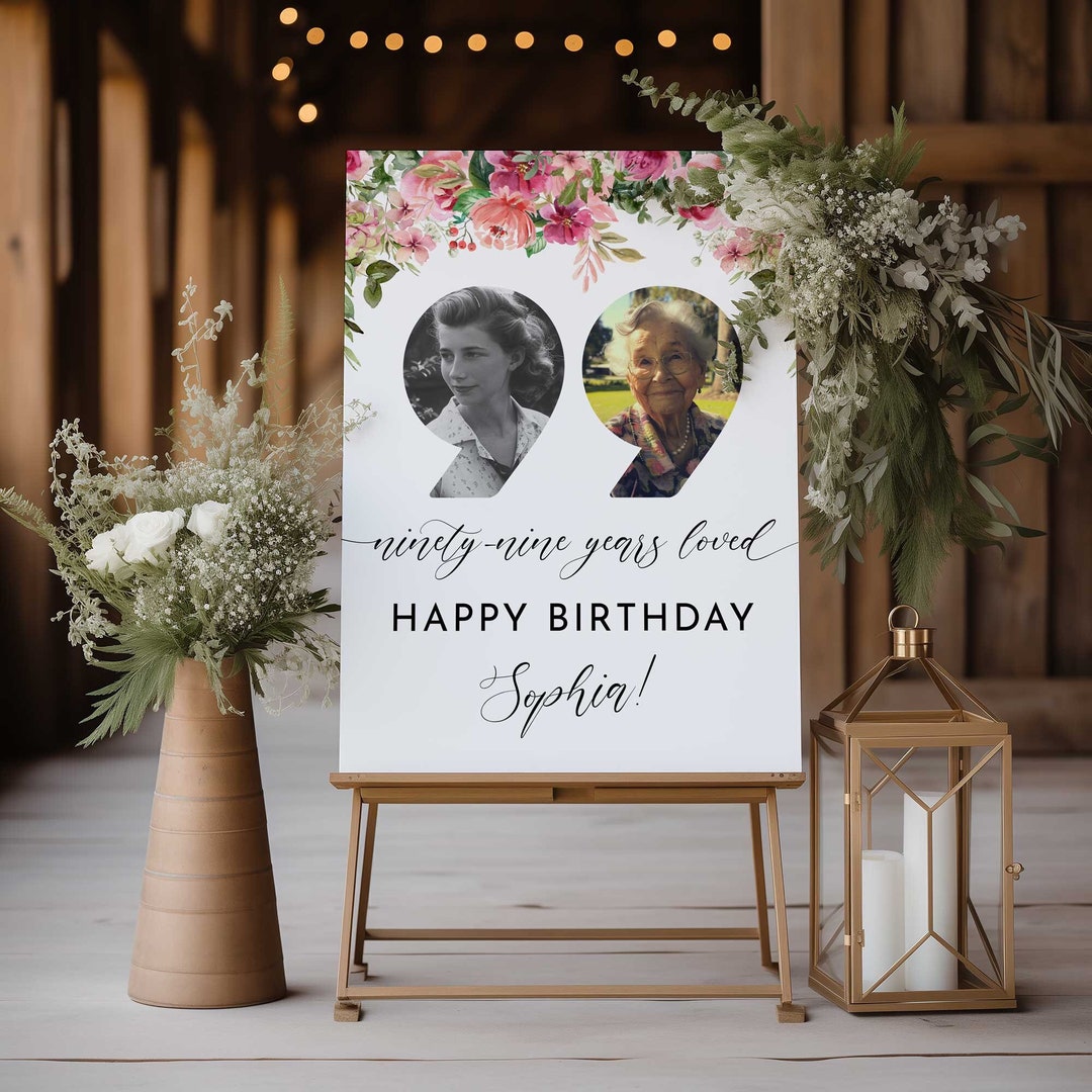 99 Years Loved Sign, 99th Birthday Welcome Sign, Floral 99th Welcome ...