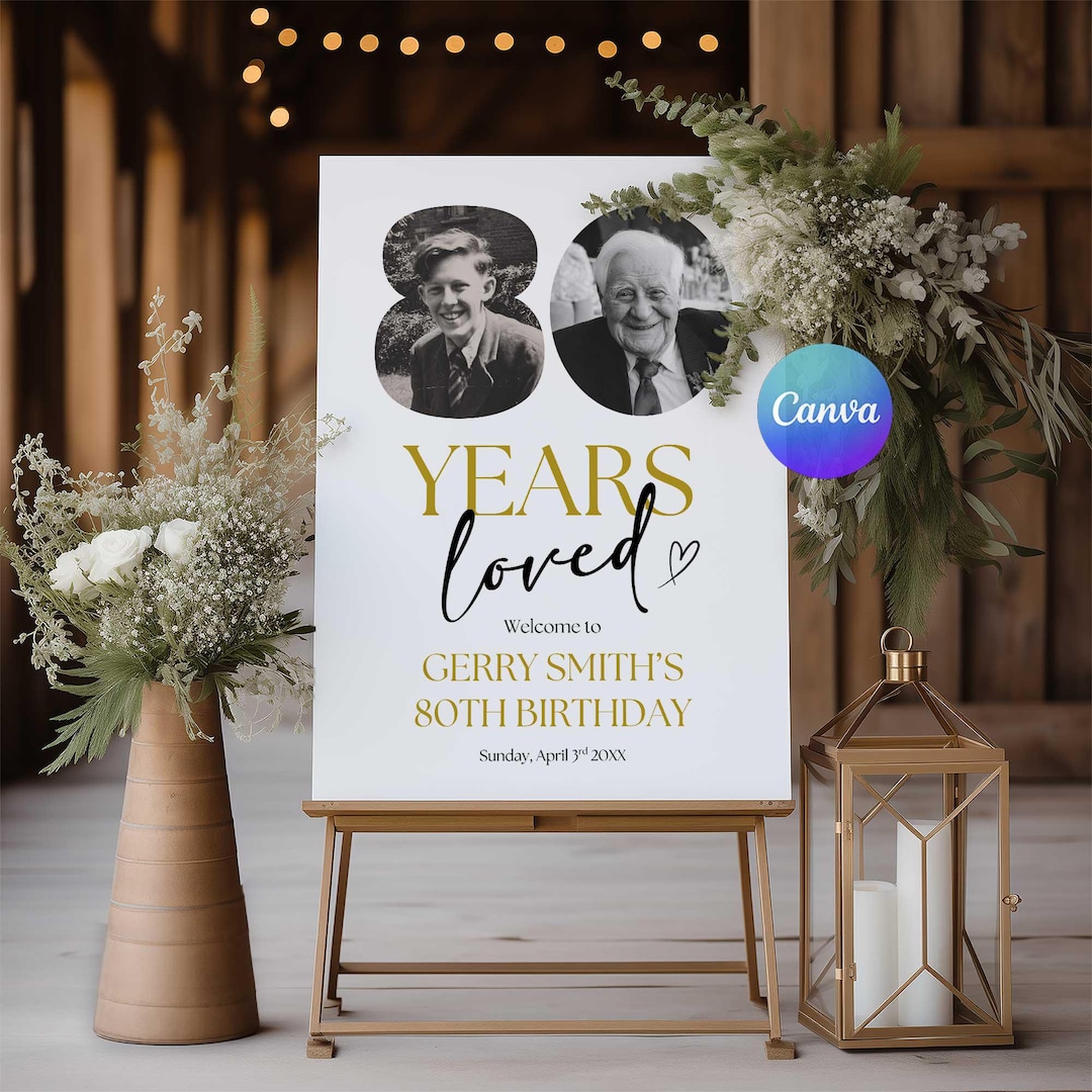 80th Birthday Welcome Sign: Black and Gold Photo Template (canva ...