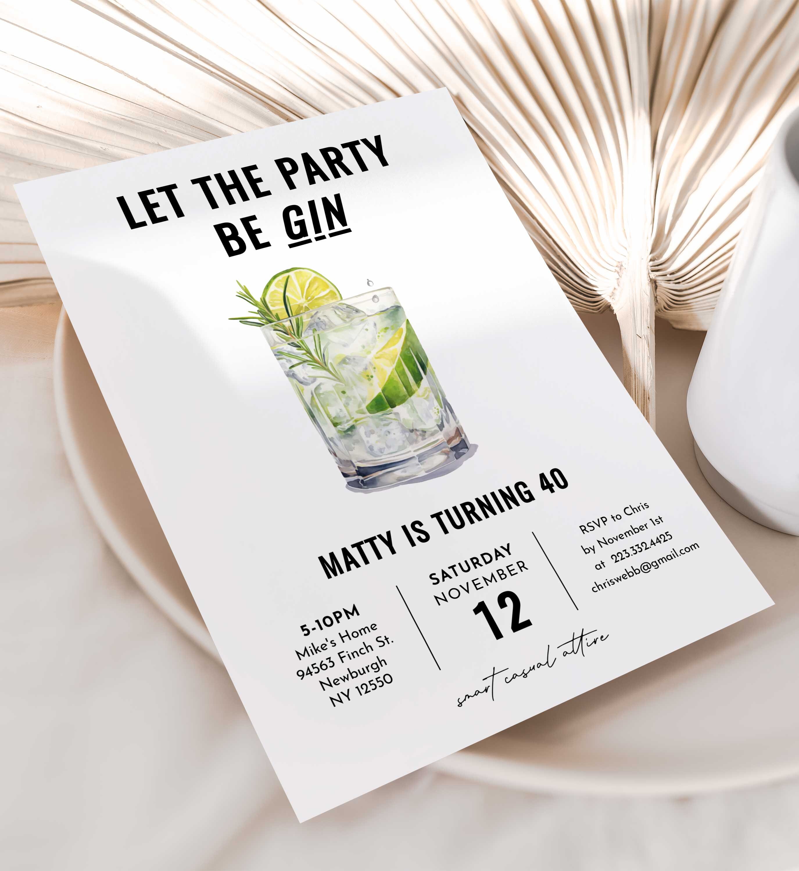 40th Invitation, 40th Gin, Birthday 40th Invite, Cocktail Party ...