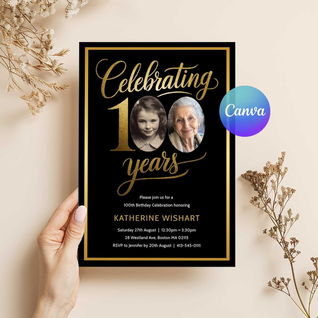 100th Birthday Invitation With Photo, Gold 100 Years Loved Birthday ...