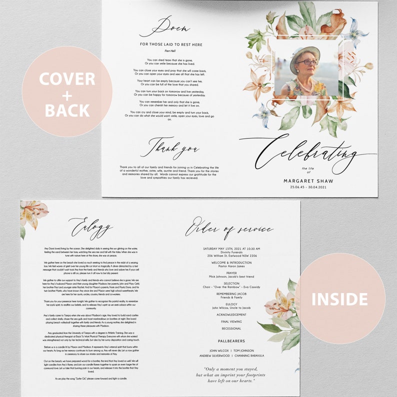 Floral Funeral Program Template Flowers Funeral Program | Etsy