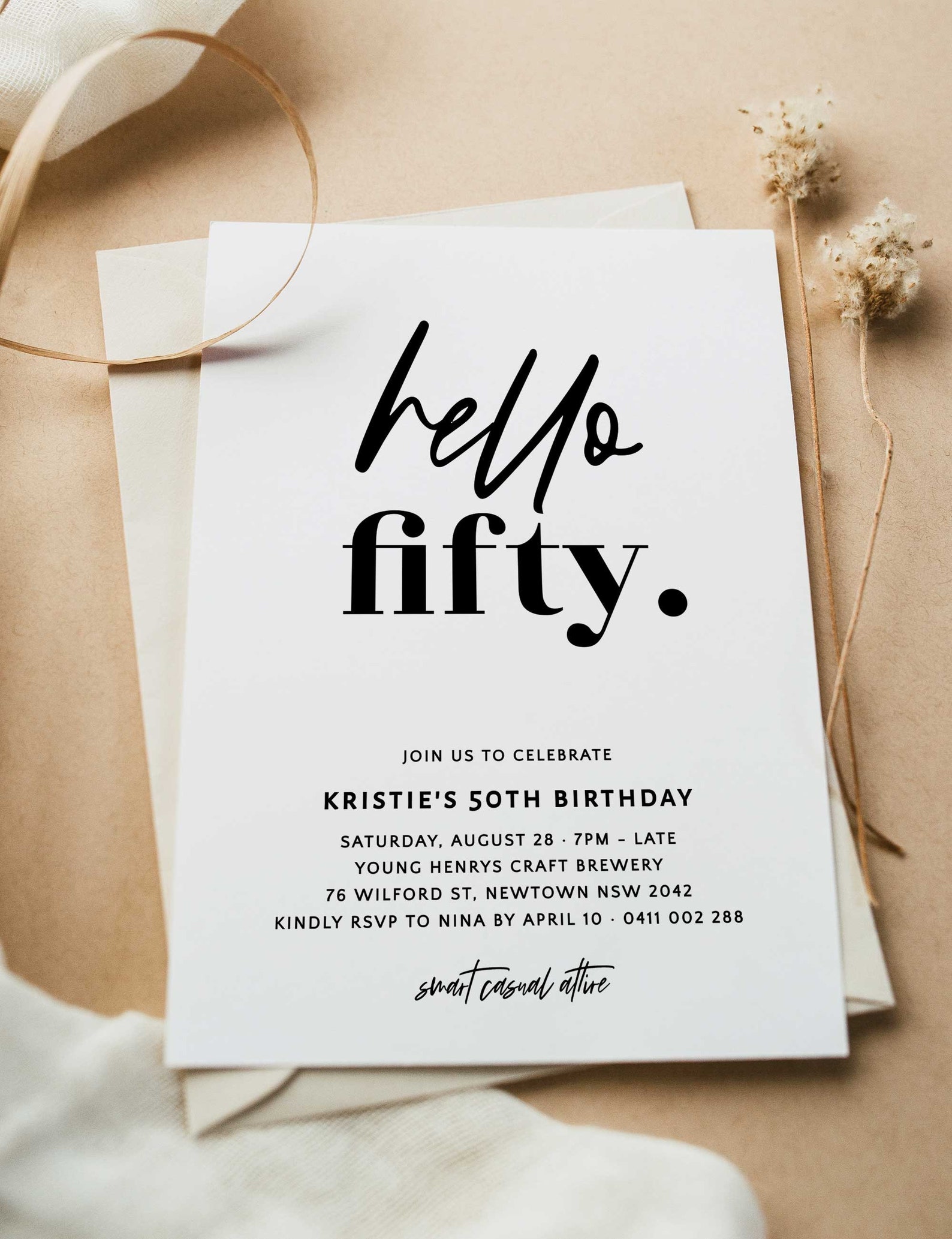 Hello 50 50th Invitation, Minimalist 50th Invitation Black and White ...