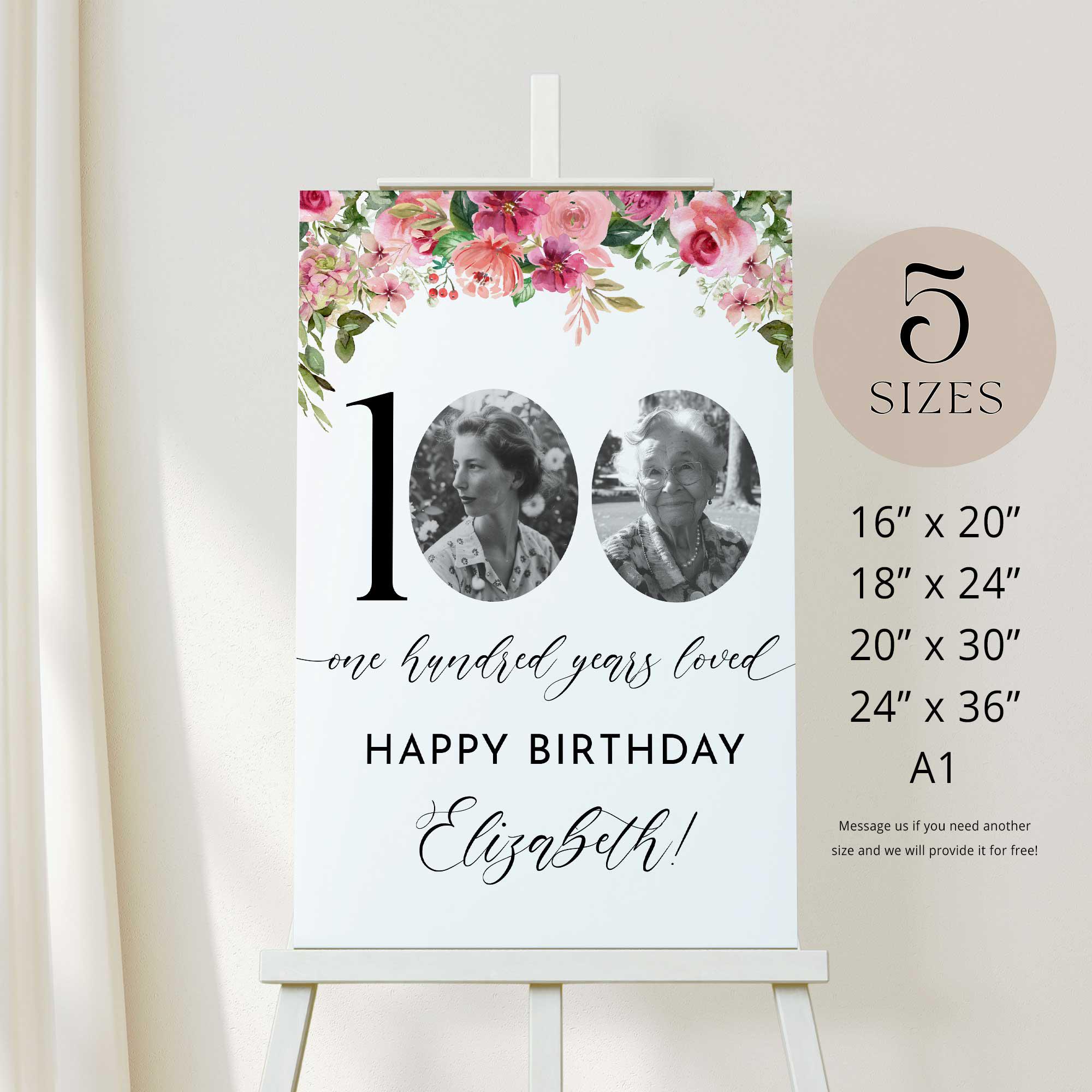 100 Years Loved Sign, 100th Birthday Welcome Sign, Floral 100th Welcome ...