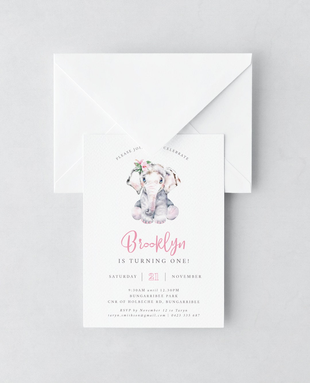 Elephant Birthday Invitation, Girl, Modern, Printable Invite, Cute ...
