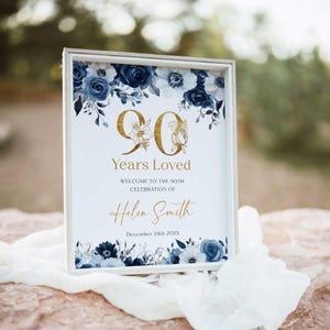 90th Birthday Welcome Sign: Navy & Gold Floral (digital Download) - Etsy
