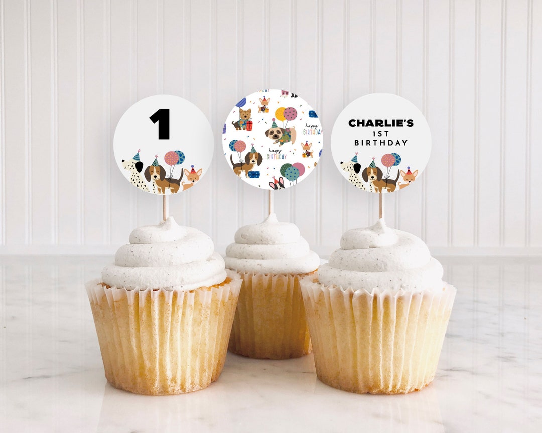 Editable Dog Birthday Cupcake Toppers, Puppy Pawty Toppers, Dog Theme ...