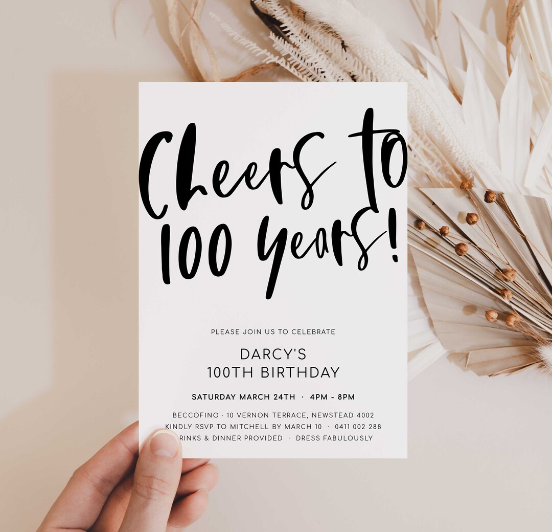 Cheers to 100 Years Invitation, Black and White Birthday Invitations ...