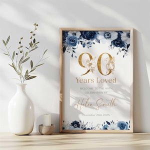 90th Birthday Welcome Sign: Navy & Gold Floral (digital Download) - Etsy