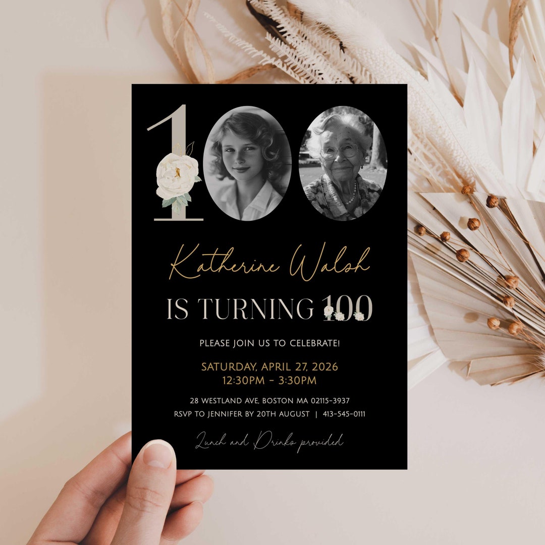100th Birthday Invitation Black and Gold, Printable 100th Birthday ...