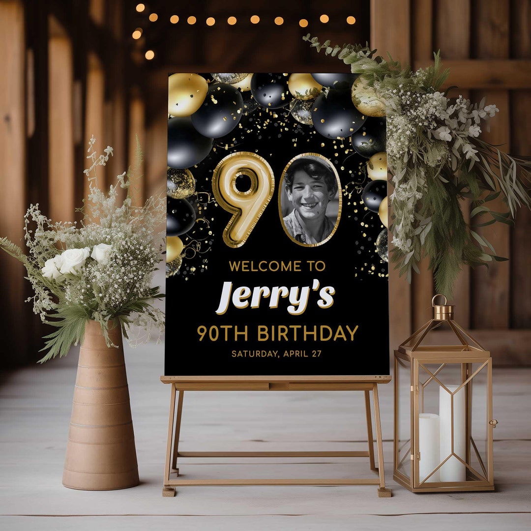 90th Birthday Welcome Sign, Black and Gold 90th Welcome Sign With Photo ...