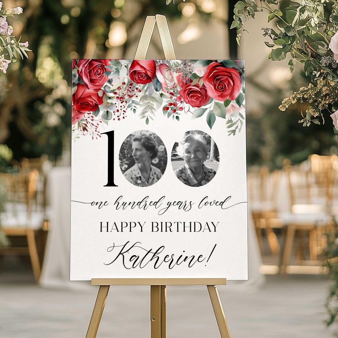 100 Years Loved Sign With Roses, 100th Birthday Welcome Sign, Red ...