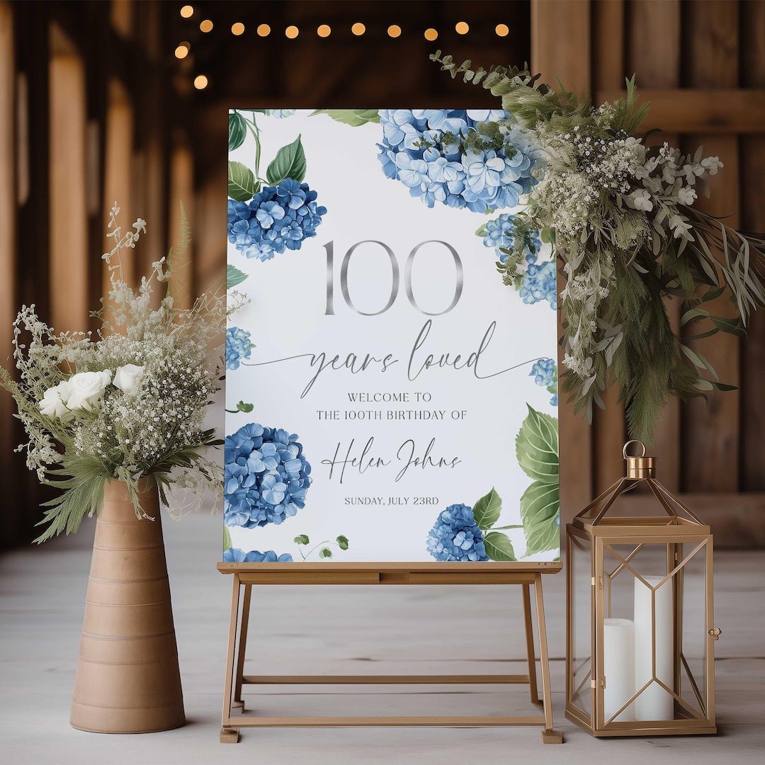100th Birthday Welcome Sign, 100 Years Loved Sign, Silver 100th Welcome ...