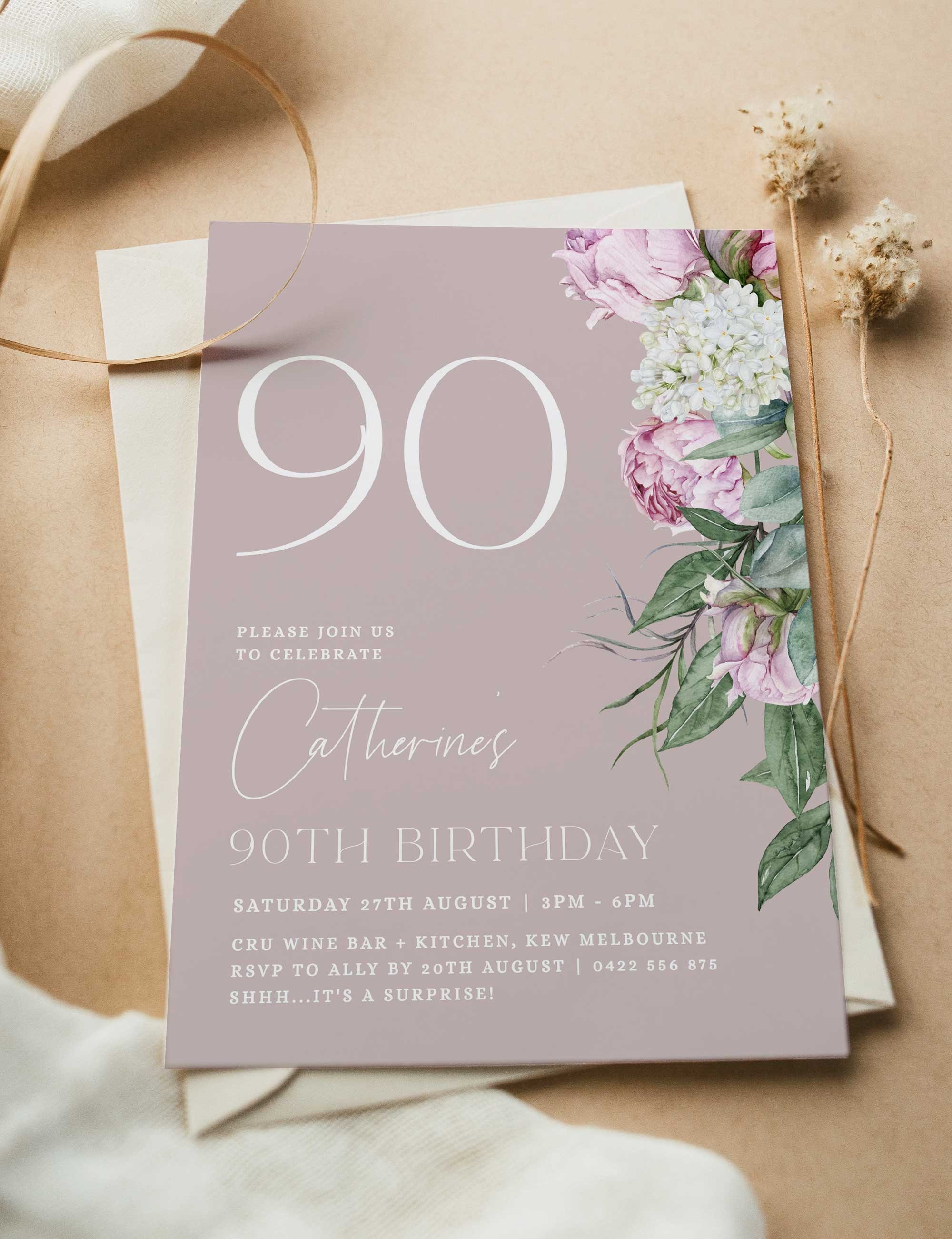 90th Birthday Invitation for Women Feminine 90th Invitation - Etsy