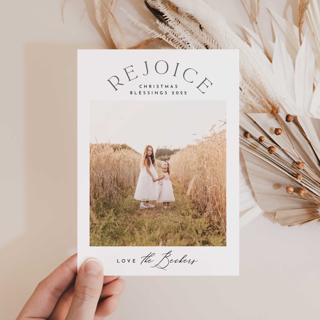 EDITABLE Rejoice Photo Holiday Card, Modern Minimalist Family Christmas ...