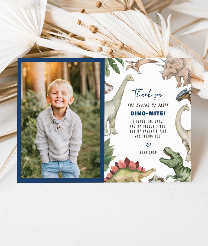 Dinosaur Birthday Thank You Card With Photo Cute Dino Thank - Etsy