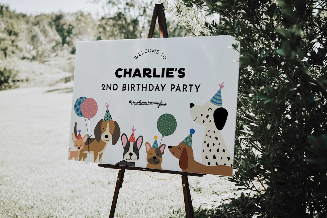 Editable Dog Birthday Landscape Welcome Sign, Puppy Pawty Welcome Sign ...